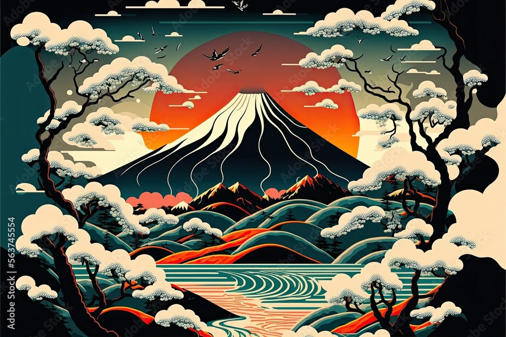 Fusion between Pop art deco and traditional Japanese ukiyo-e art, ai art Stock Illustration ...
