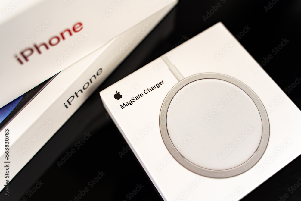 Various original Apple Product Boxes, iPhone, Magsafe Charger. Stock ...