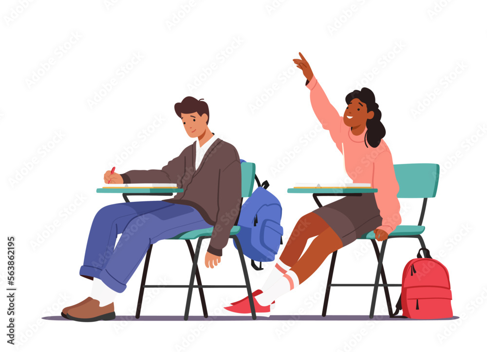 Student Characters Sitting at Desk with Textbook Raising Hand in ...