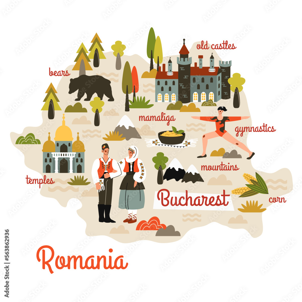 Romania map hand drawn in cartoon style. People in national dress ...