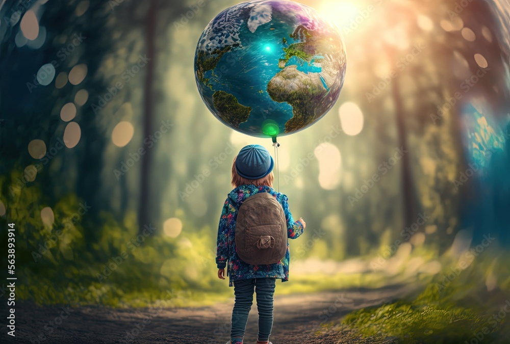 illustration of cute kid boy or girl with big earth planet balloon ...