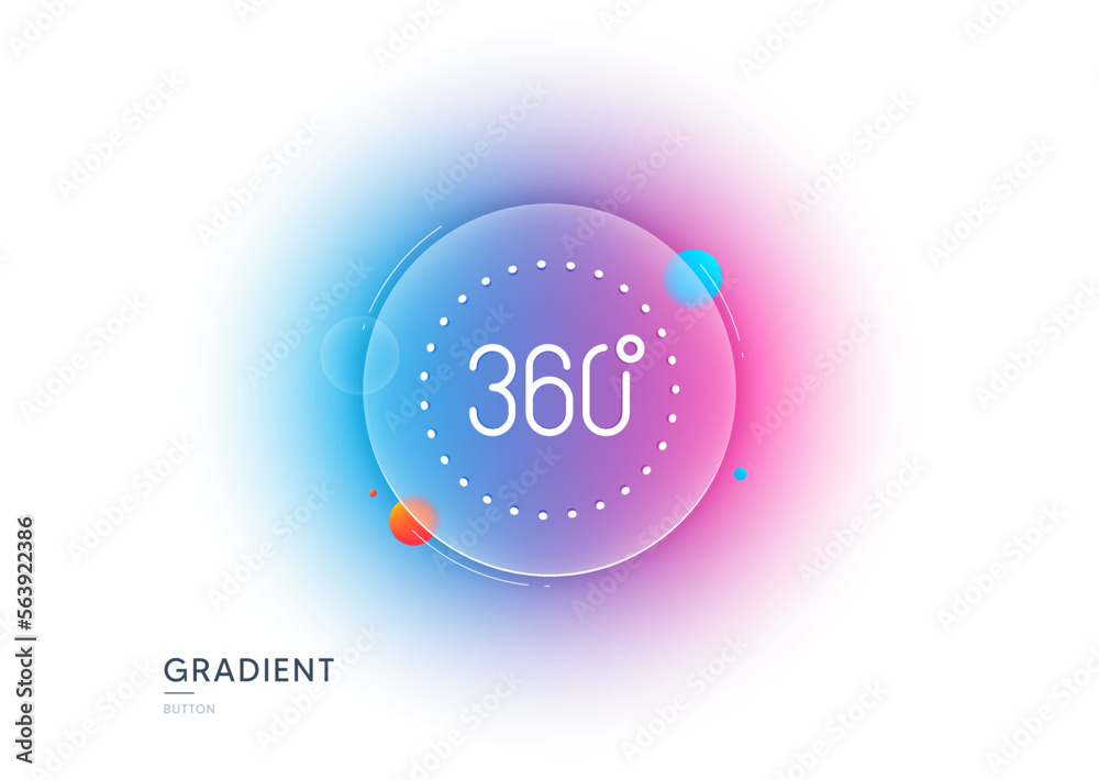 360 degrees line icon. Gradient blur button with glassmorphism. Panoramic view sign. VR ...