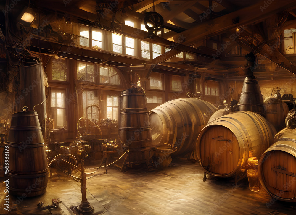Painting of an old-fashioned whisky distillery filled with copper ...