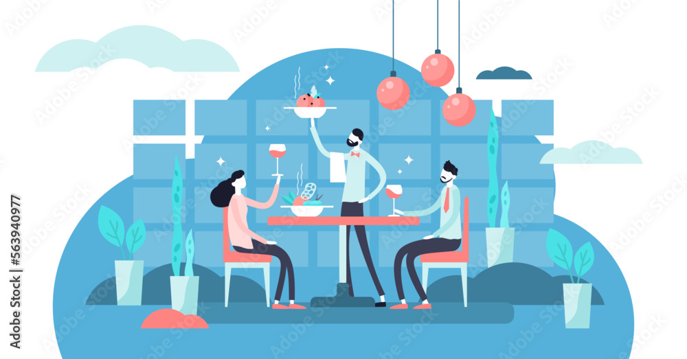 Restaurant illustration, transparent background. Flat tiny food eating ...