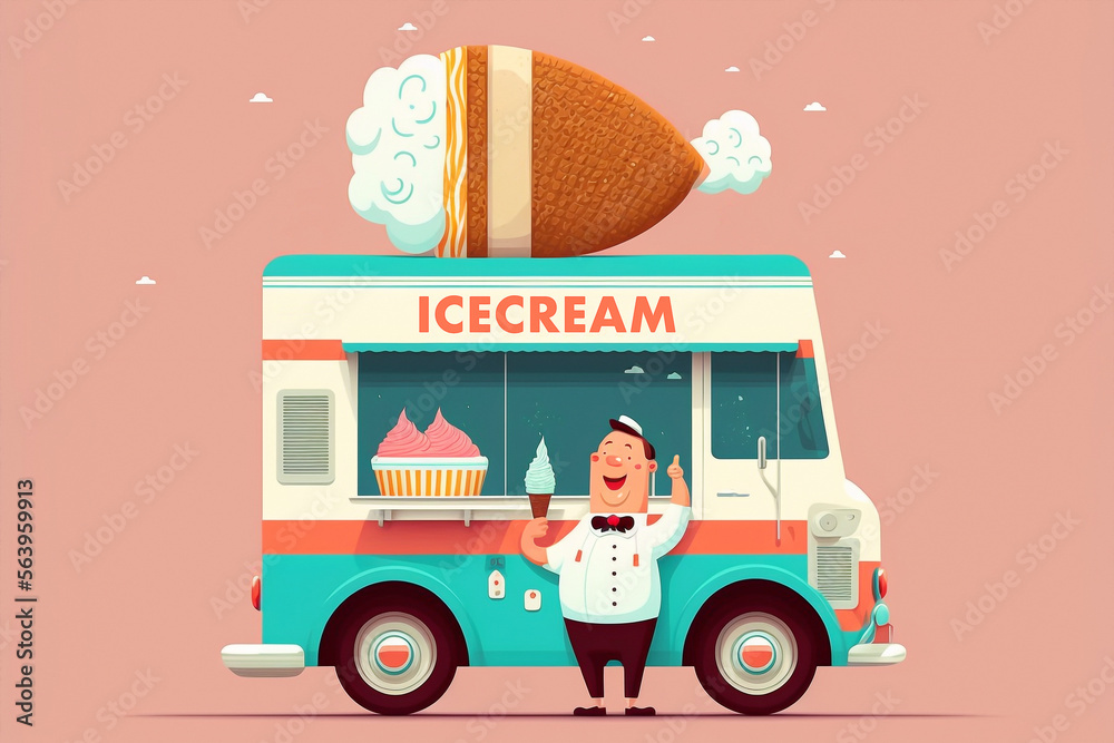 Cartoon style illustrator of a ice cream man with his truck - AI ...