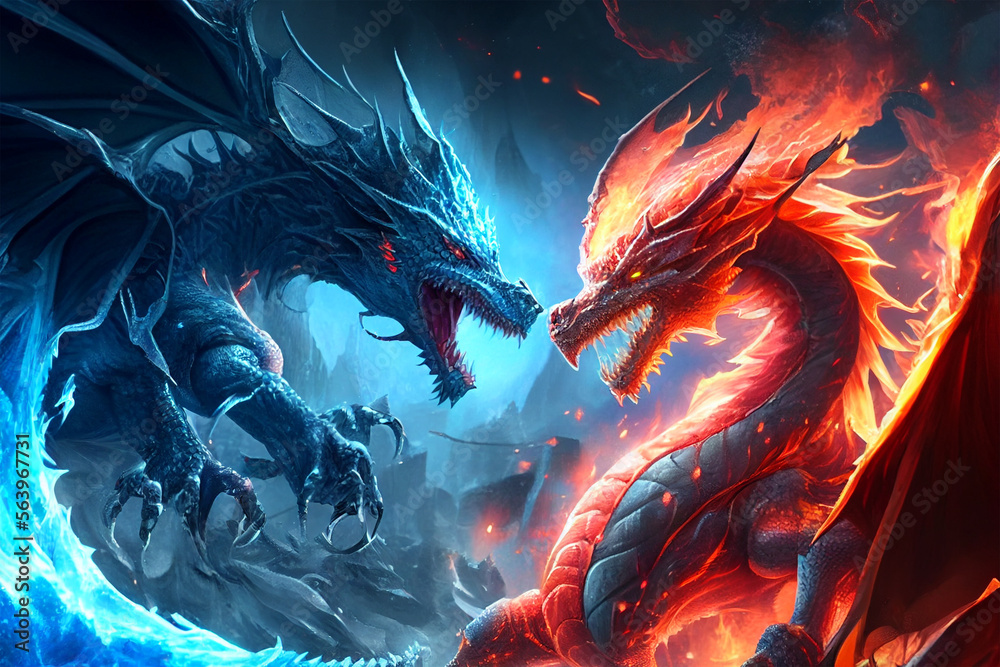 Ice dragon fighting with a fire dragon, generative AI Stock ...