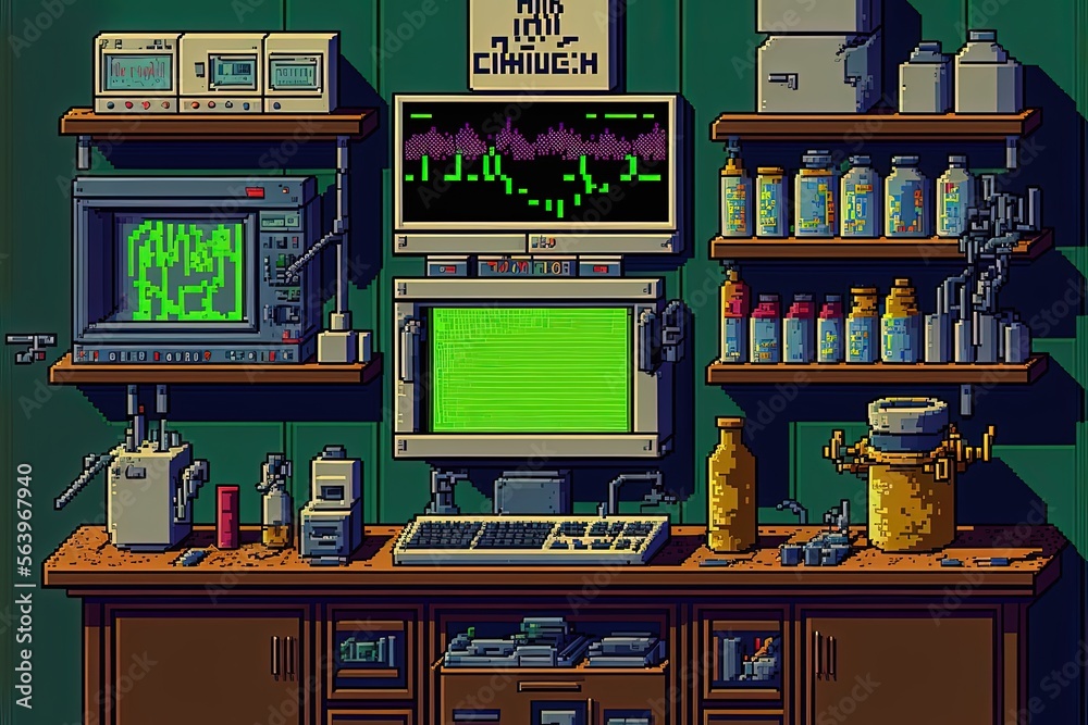 Pixel art science lab, chemistry lab, background in retro style for 8 ...
