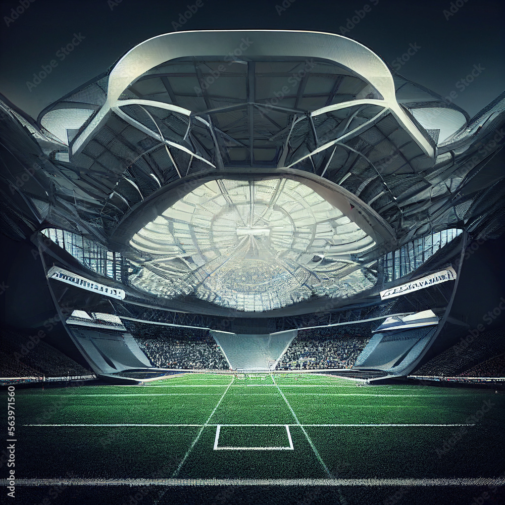 Futuristic football stadium. Monumental sports building, inside view ...