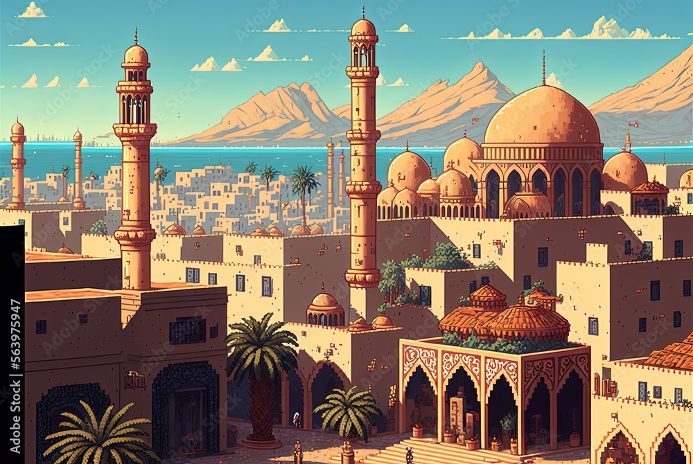 Pixel art ancient Arabic city, city in the desert with buildings and ...