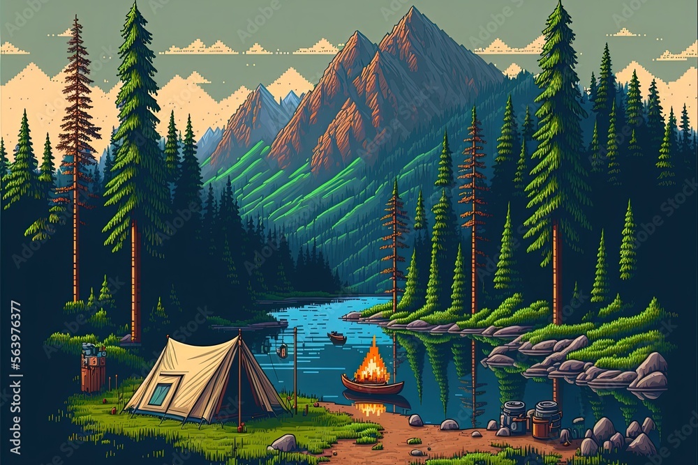 Pixel art camping with tents and bonfires, camping in the forest with ...