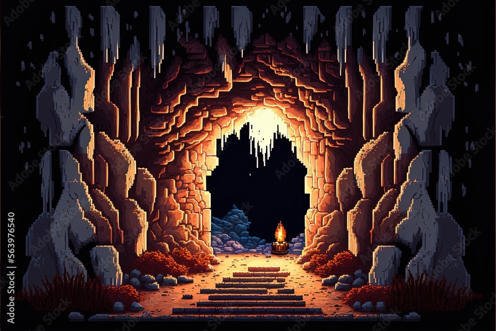 Pixel art cave entrance, natural tunnel, landscape in retro style for 8 ...