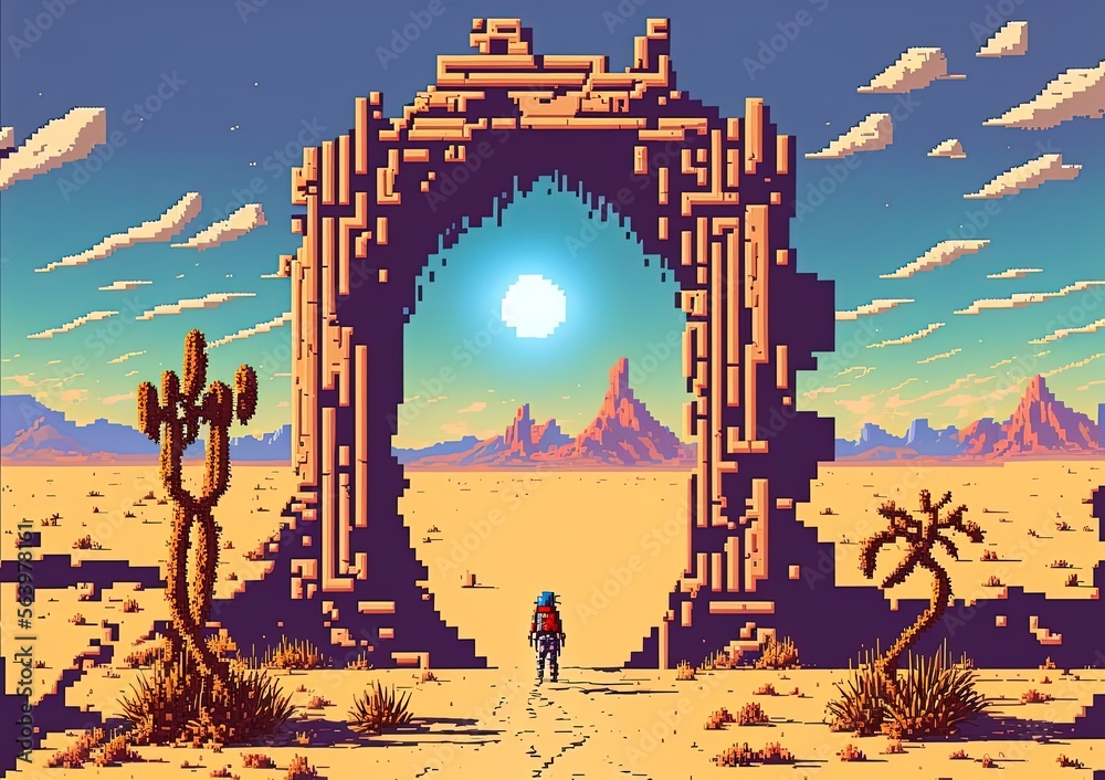 Pixel art magic portal in desert, portal to fantasy dimension ...