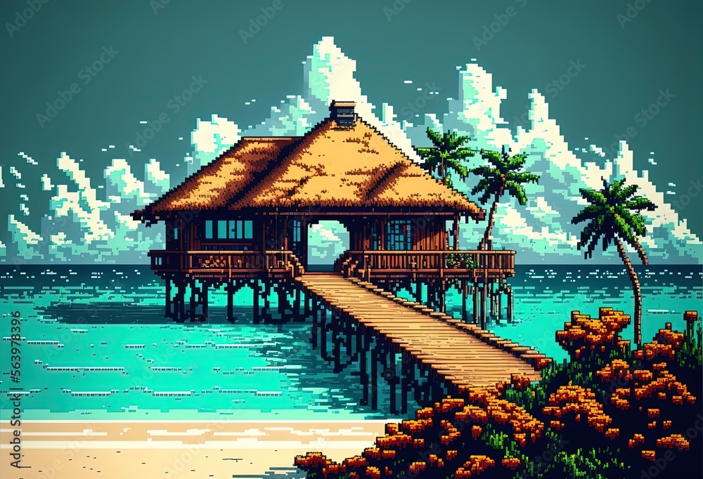 Pixel art bungalow on paradise island beach, tropical resort, landscape ...