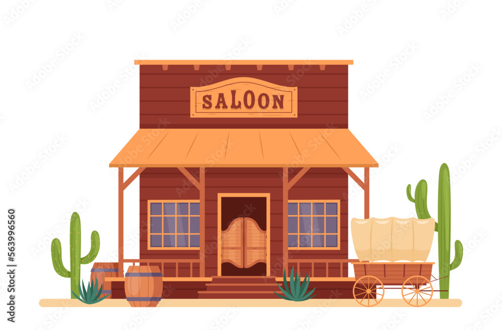 Wild west town street. Vector illustration of western saloon house with ...