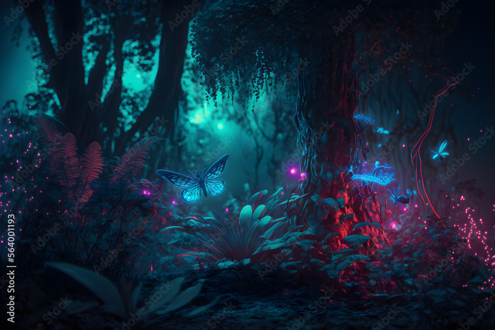 avatar pandora planet at night, neon glowing insects flying in jungle ...