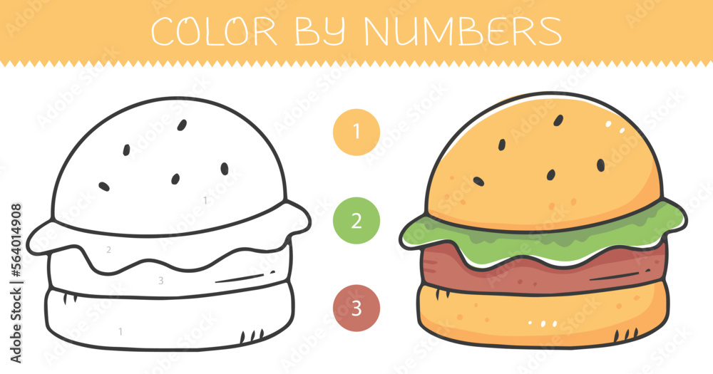 Color by numbers coloring book for kids with a burger. Coloring page ...