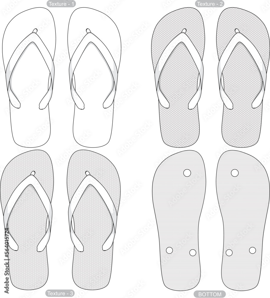 Blank flip flops sandals with 3 different textures vector Template flat ...