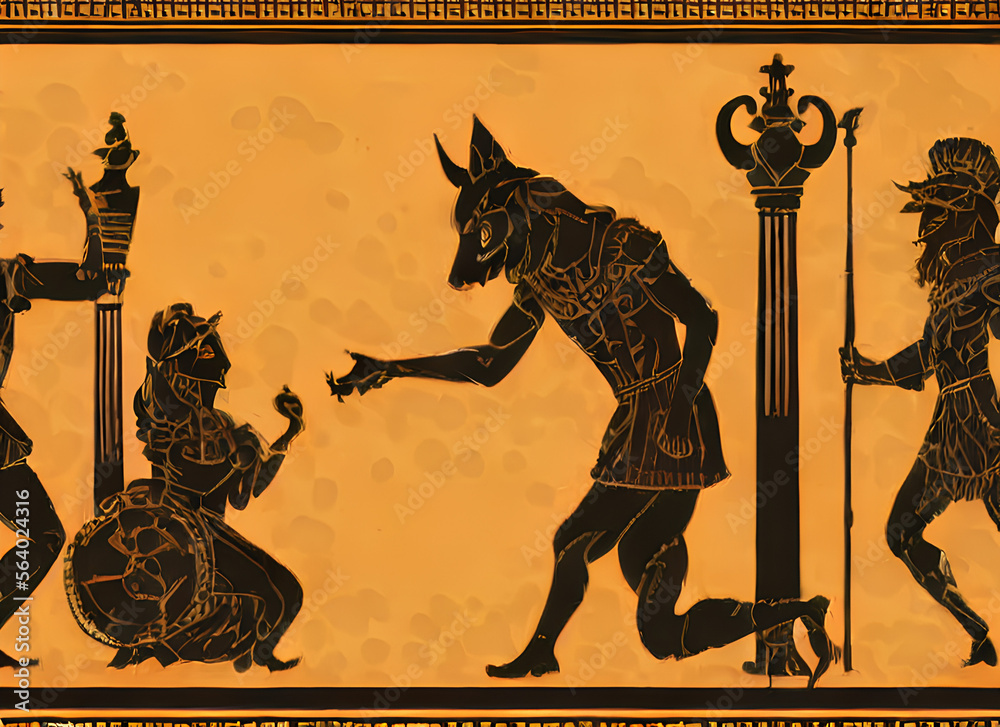 greek mythology character silhouettes on yellow background in ancient ...