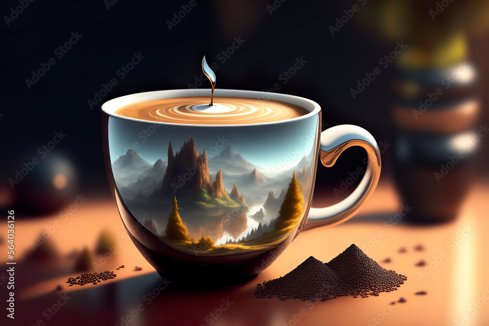 Coffee as a source of inspiration. Coffee cup with fantasy mountain ...