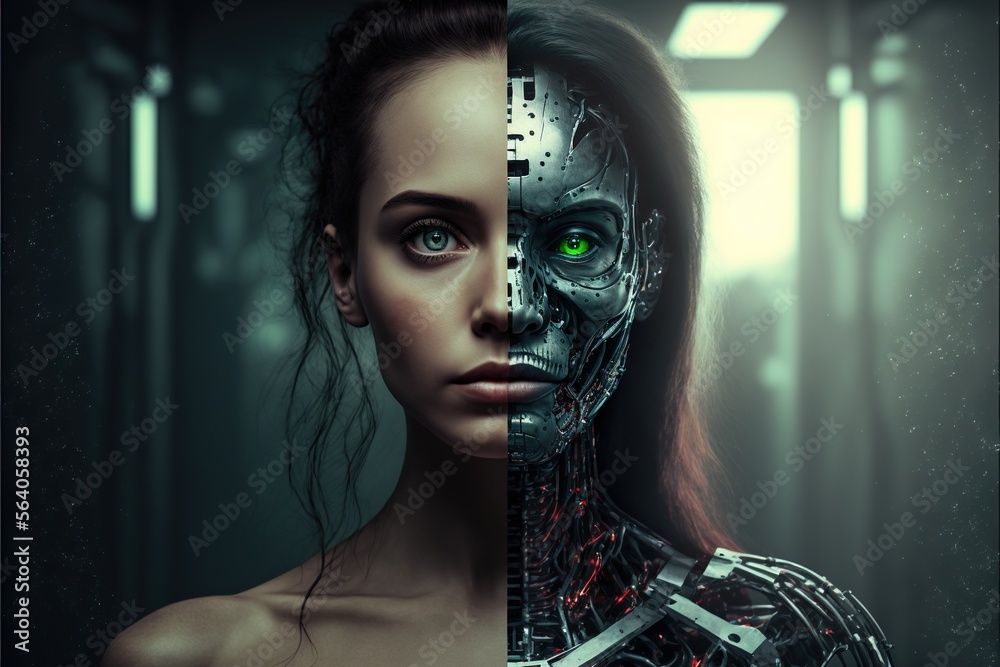 A portrait of a woman half human half robot, cyborg concept, artificial intelligence concept, ai ...