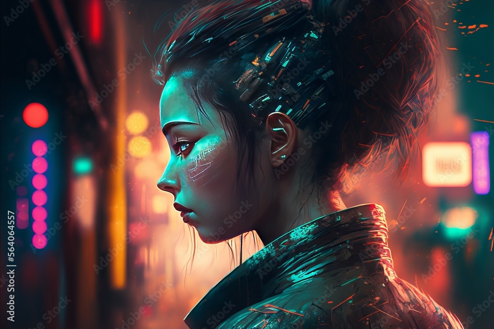 Pretty, Lonely Cyberpunk Girl on Blurry Future Background, CGI Girl ...