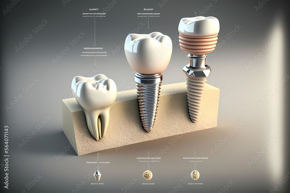 Detailed arrangement of ceramic tooth dental implant model. Differences ...