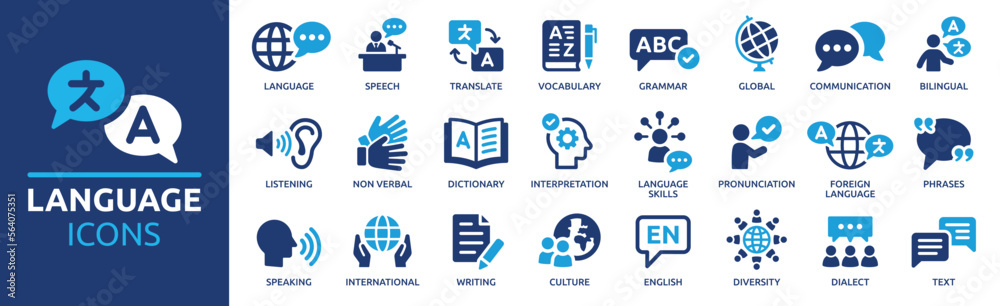 Language icon set. Containing communication, translate, speech, non ...