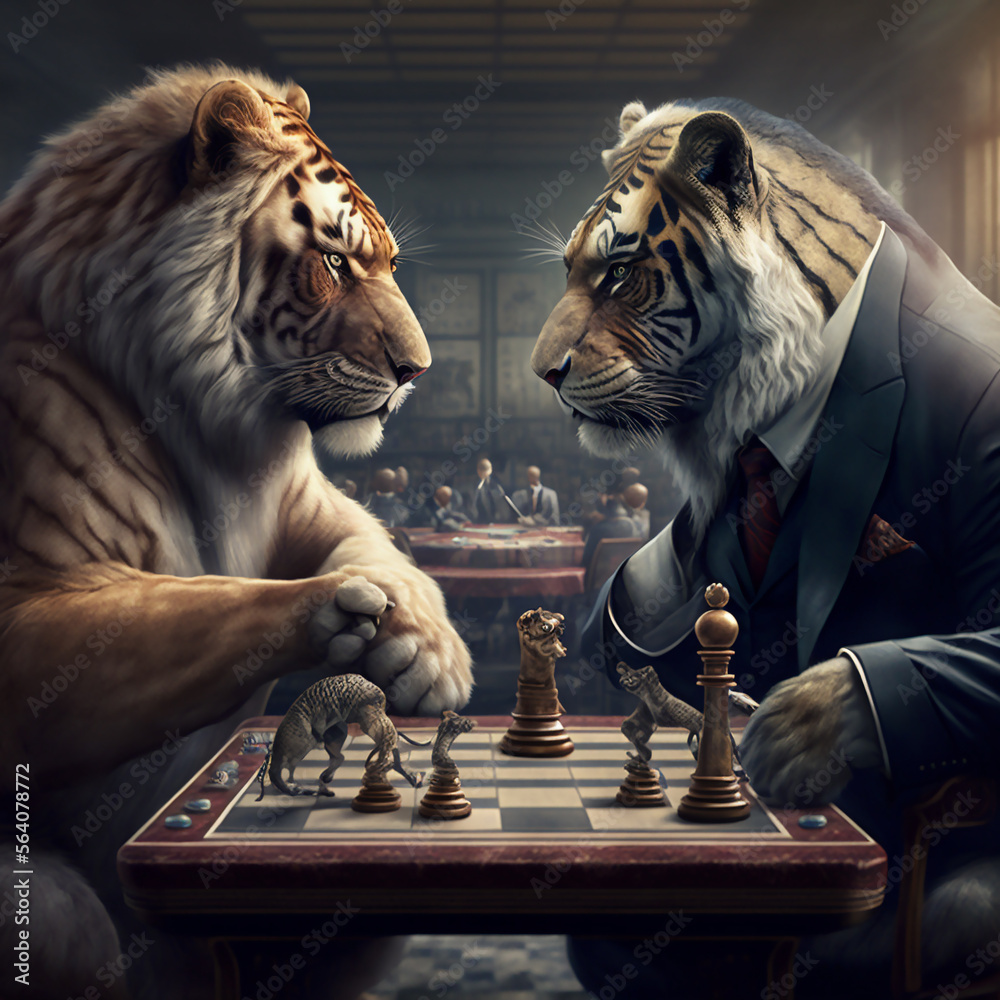 Ilustración de Stock Lion and tiger in suit playing chess ...