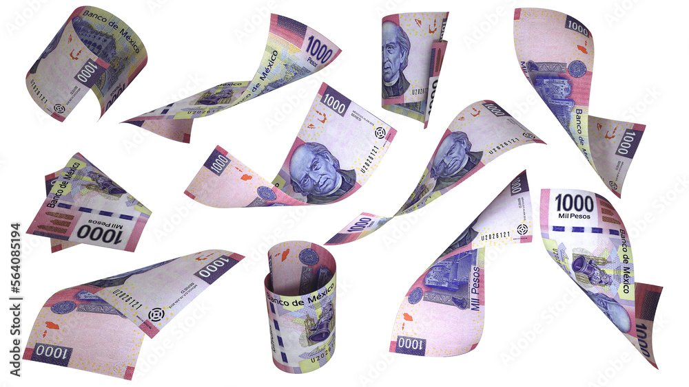 Set of 1000 Mexican peso notes flying in different angles and ...