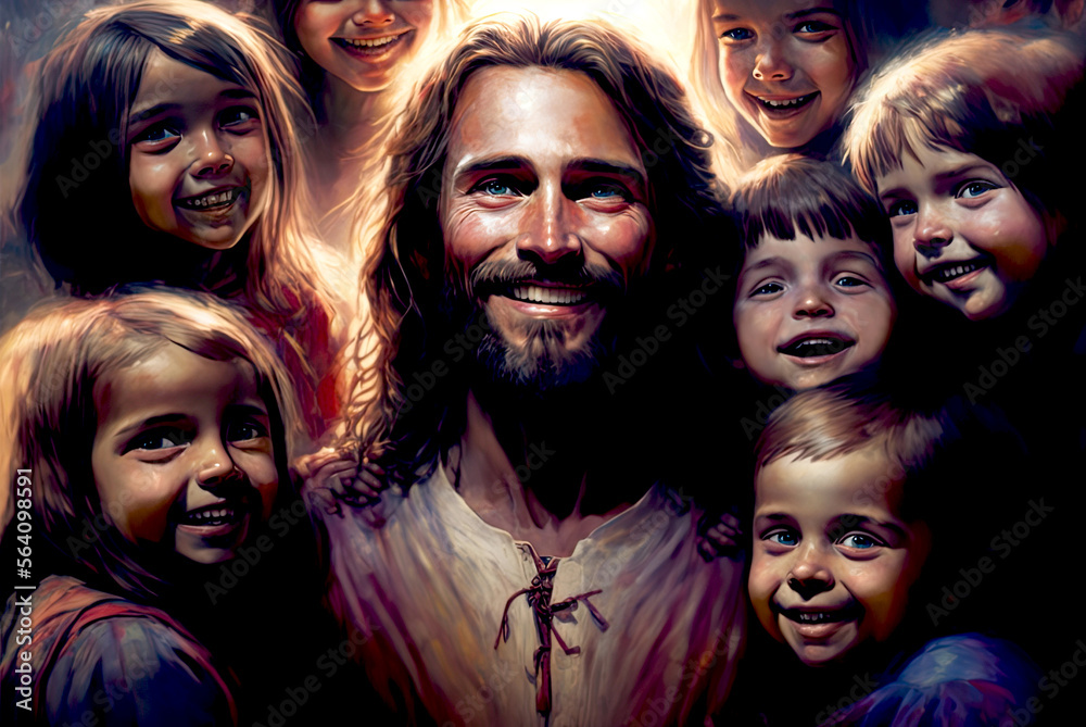 Realistic painting of Jesus smiling, Let the little children come to me, created with Generative ...