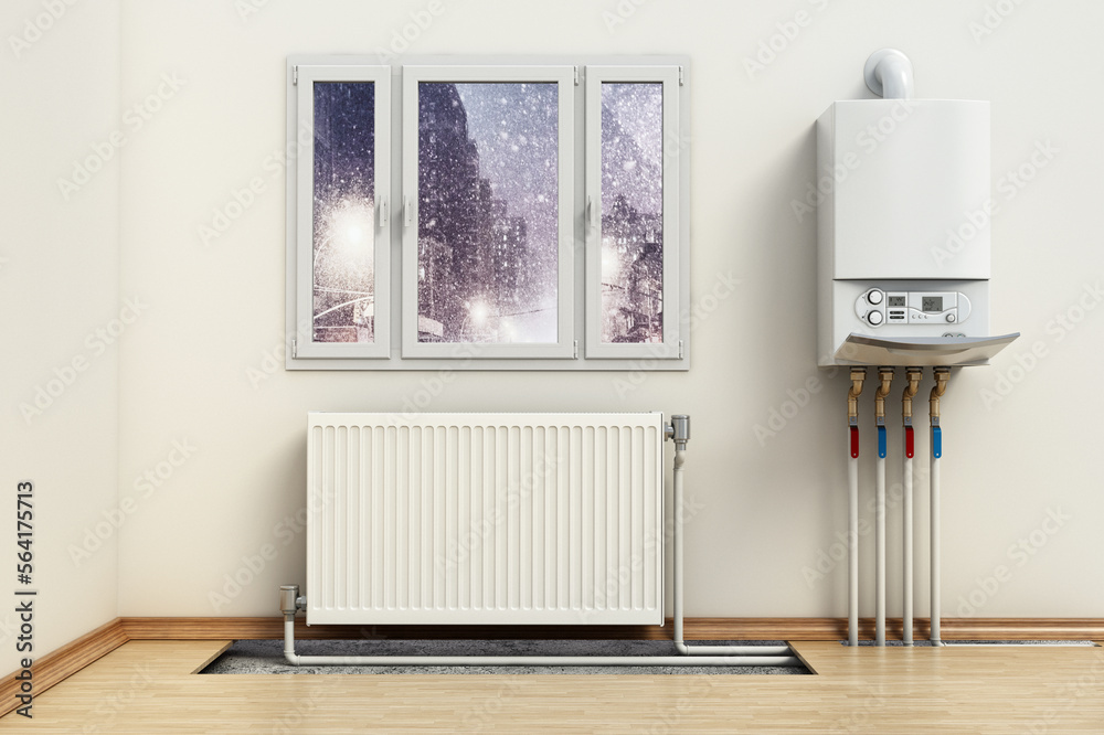 Combi boiler on the house wall, next to the heating radiator. Visible ...