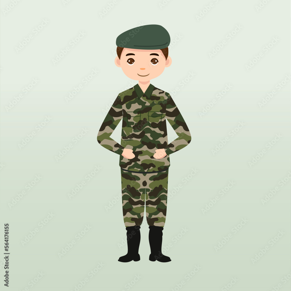 Army soldiers, men in combat uniform saluting. Cute flat cartoon style ...