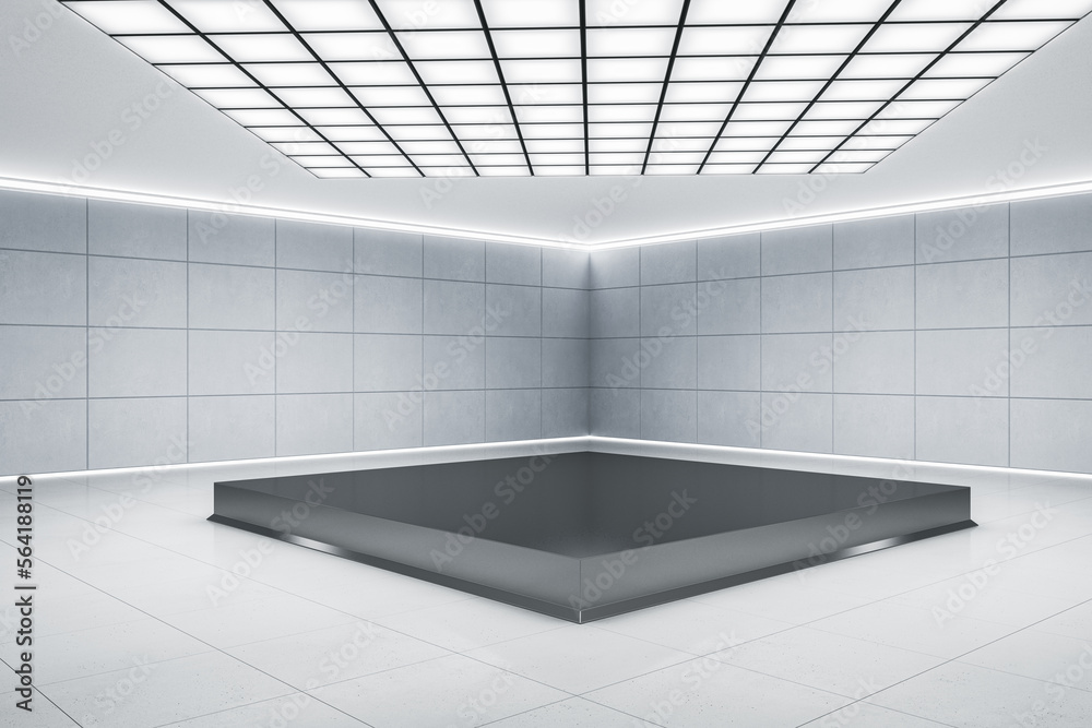 Contemporary garage interior with podium, ceiling and tile walls ...