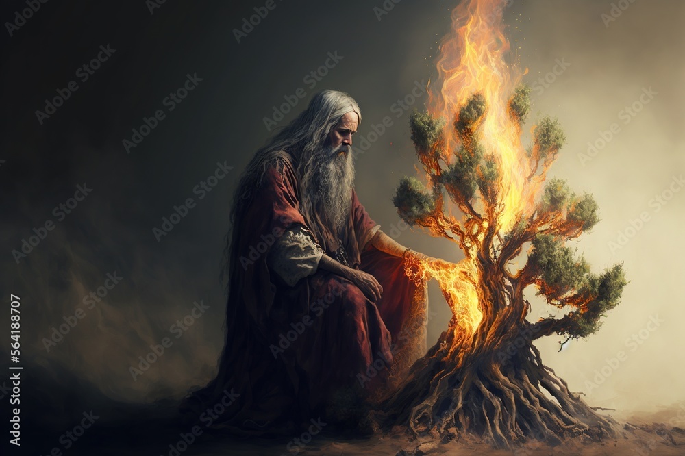 Moses and the burning bush. Generative AI. Stock Illustration | Adobe Stock