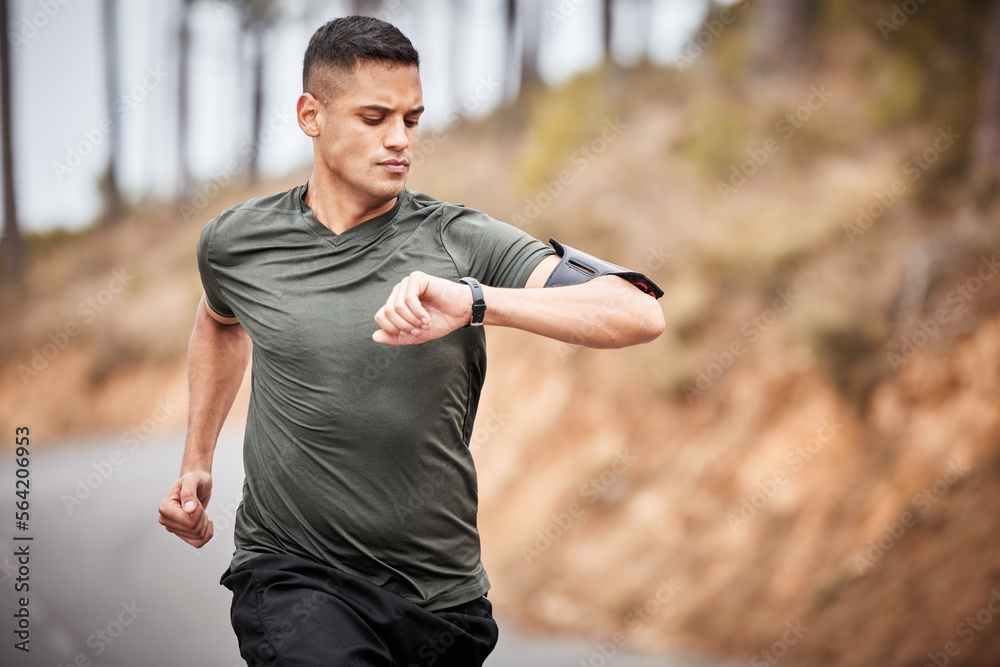 Fitness, smartwatch or man running for exercise, cardio training or ...