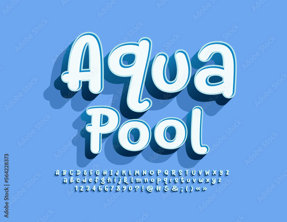 Vector creative sign Aqua Pool. 3D artistic Font. Calligraphic Alphabet Letters, Numbers and ...
