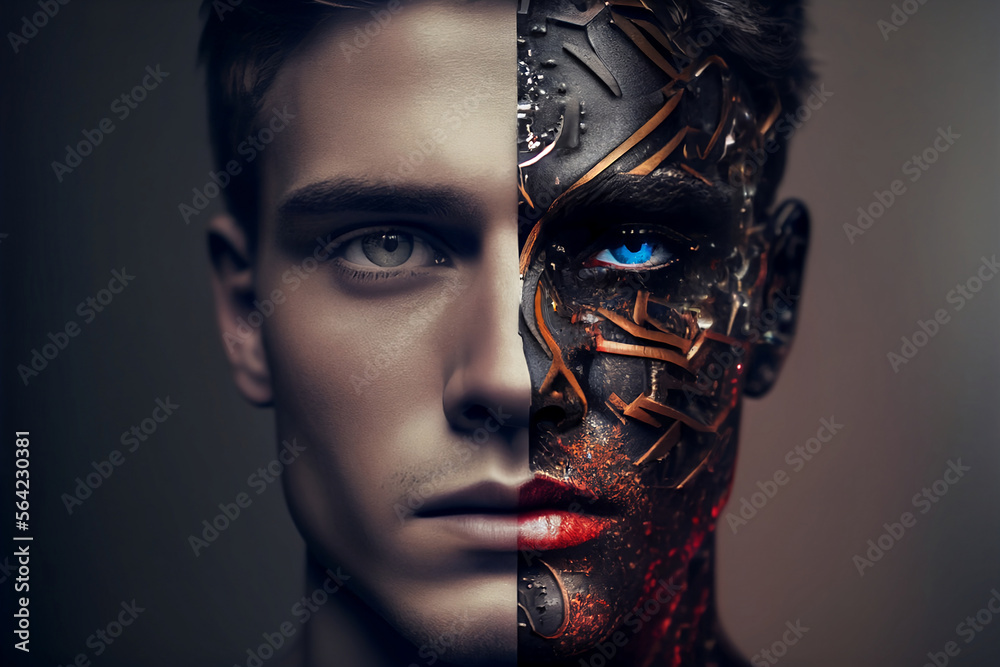 Artificial intelligence, a futuristic humanoid cyber man with a neural ...