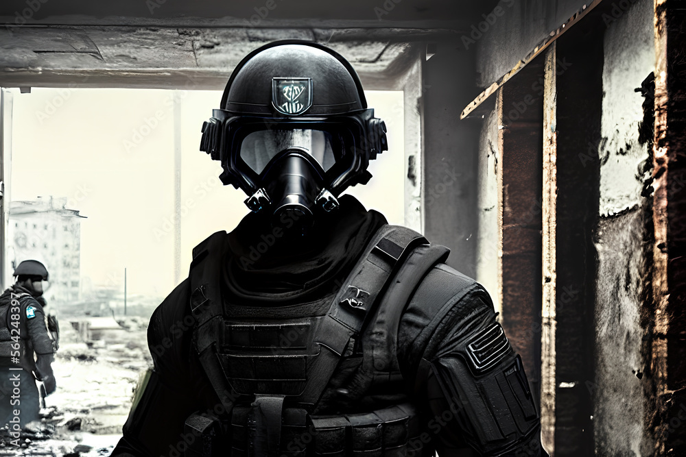 soldier with a gas mask, Ukrainian, war, city, spec ops soldier lurking ...