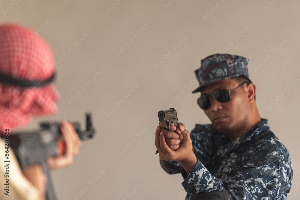 Police cop constable aiming handgun for gunfight with terrorist thief ...