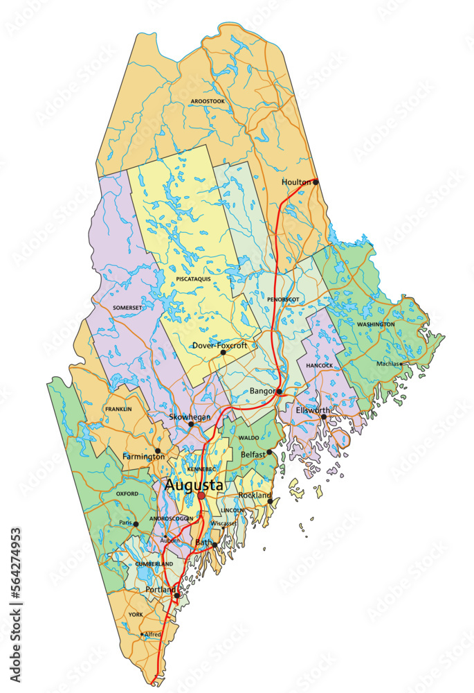 Maine - Highly detailed editable political map with labeling. Stock ...