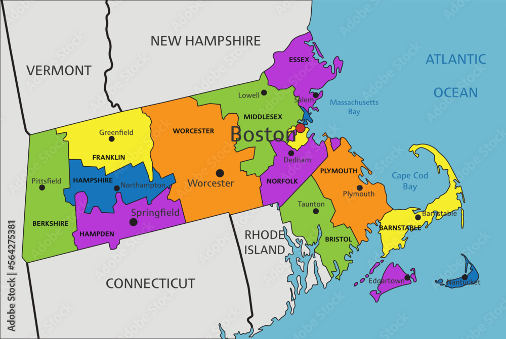 Colorful Massachusetts political map with clearly labeled, separated ...