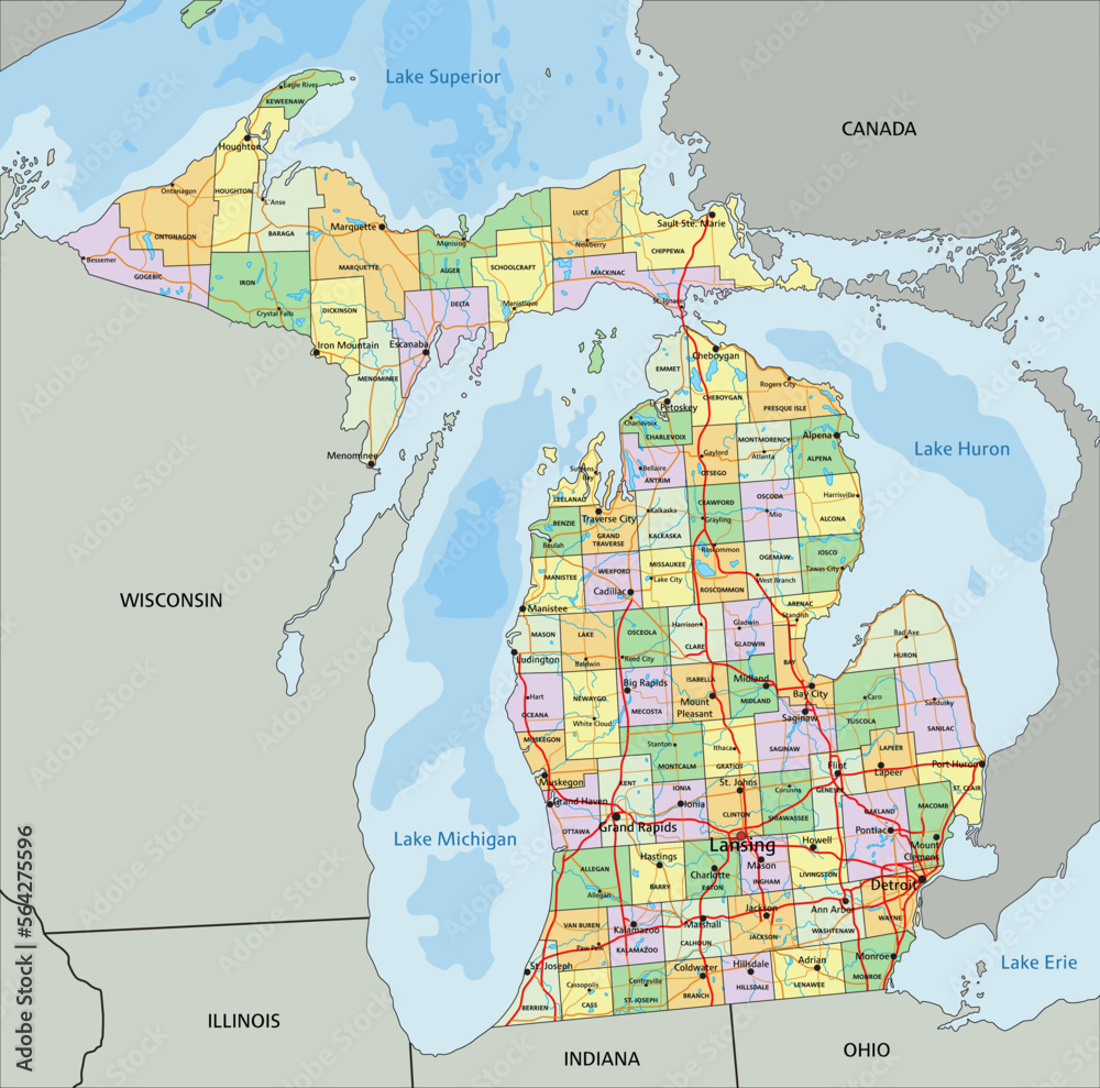 Michigan - Highly detailed editable political map with labeling. Stock ...