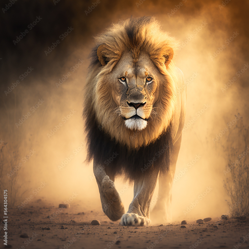Large male lion walking towards camera created with generative AI Stock ...