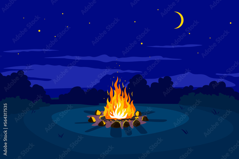 Campfire at night on glade and stars on sky with young moon, place for ...