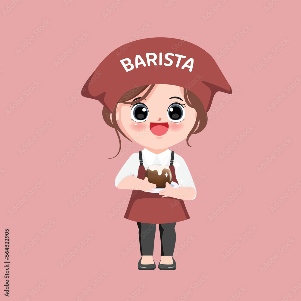 Cute barista with cappuccino drink logo background. Clipart cartoon ...