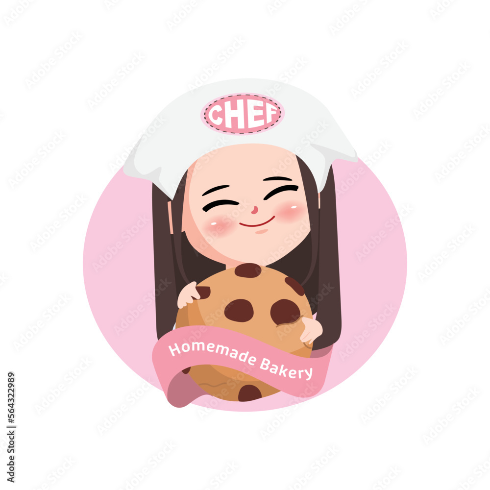 Cute chef with cookie dark chocolate and pink logo background. Clipart ...
