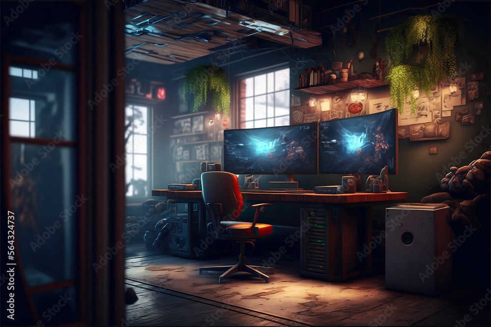 Futuristic Games room with a cyber gamer computer, cyberpunk , and neon ...