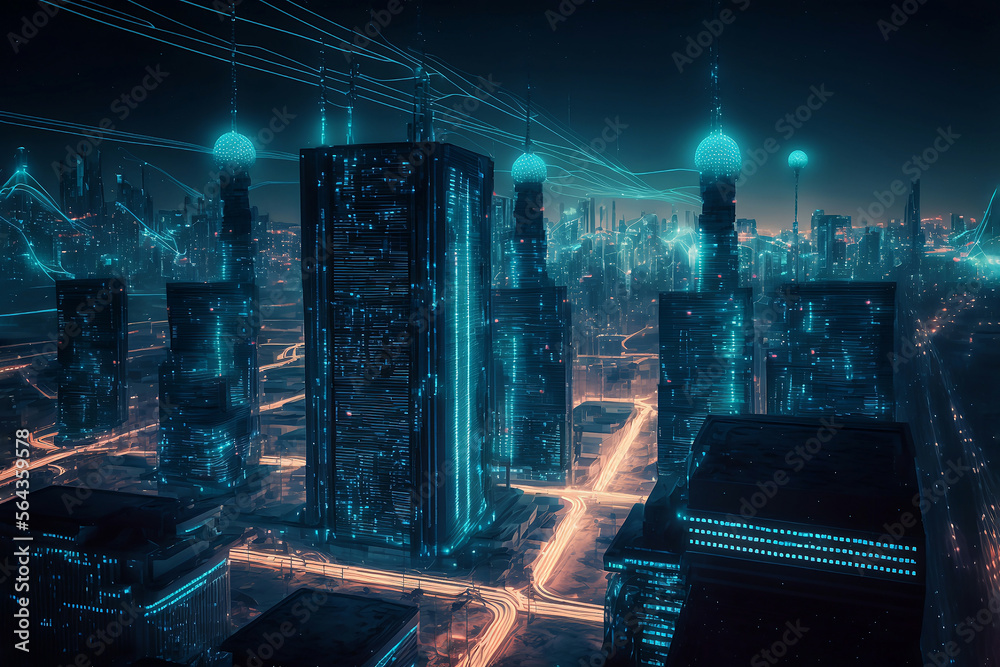 Night city Cyber punk landscape concept. Light glowing on dark scene ...