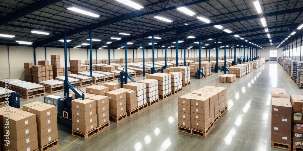 Warehouse with endless pallets of boxes and storage, robots and people ...