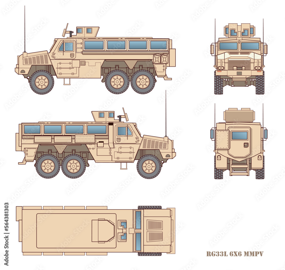 RG33L-6x6 MMPV MRAP US Army military vehicle, vector illustrations in ...